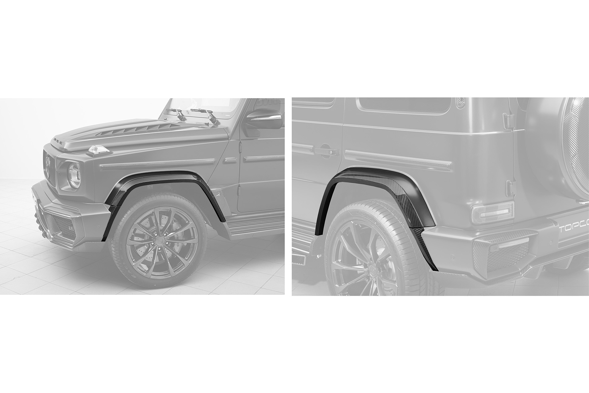 Front and rear fender extensions visible carbon fiber Topcar Design for Mercedes G-class W463A ...