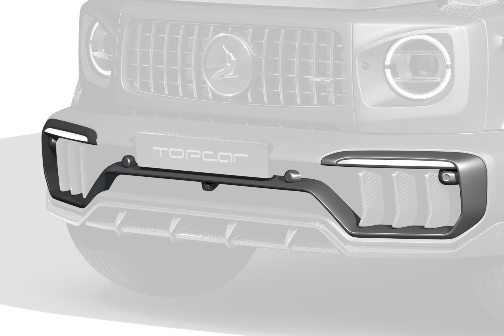 Central spoiler of the front bumper with frame and inserts for LED ...